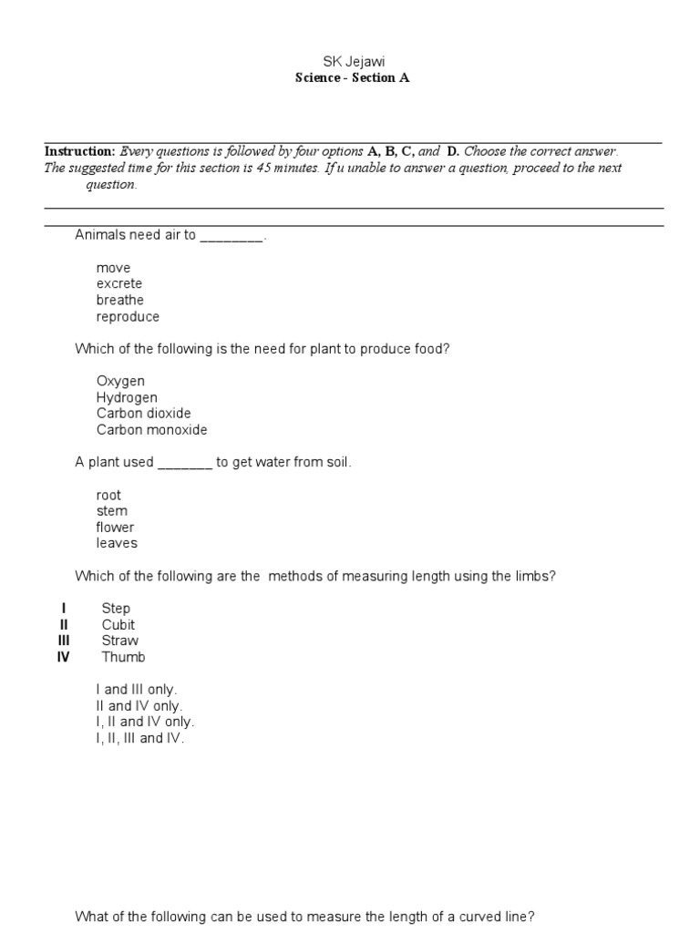 Science Year 4 Exam Questions and Answers | PDF | Volume | Atmosphere ...