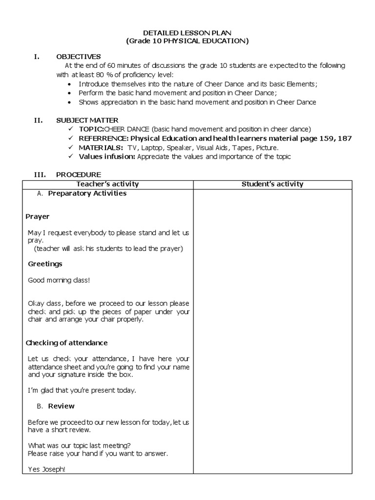 Detailed Lesson Plan (Grade 10 Physical Education) I. Objectives | PDF ...