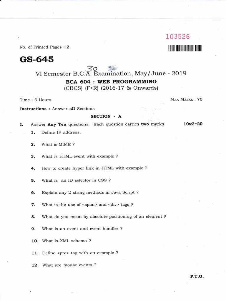 VI Examination,: B.C.A. 2OI9 | PDF | Html Element | Html