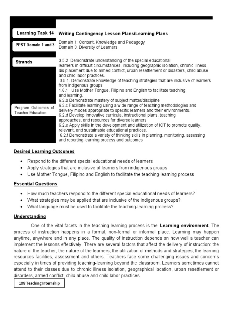 Learning Task 14 Writing Contingency Lesson Plans/Learning Plans | PDF | Educational Assessment ...