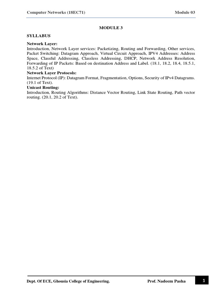 Computer Networks Module 3 18EC71 (Prof. Nadeem Pasha) | PDF | Internet Protocols | Ip Address
