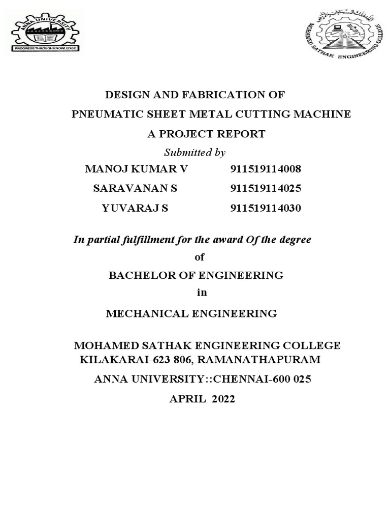 Design and Fabrication of Pneumatic Sheet Metal Cutting Machine | PDF ...