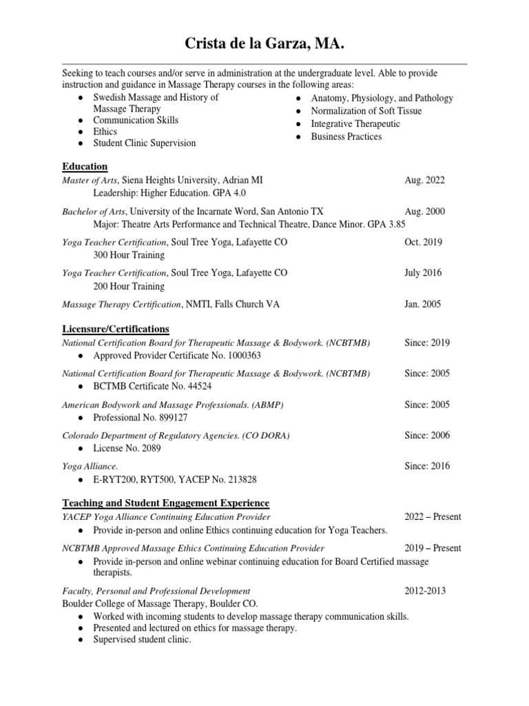 Crista de La Garza Highered Resume E-Portfolio | PDF | Massage | Health ...