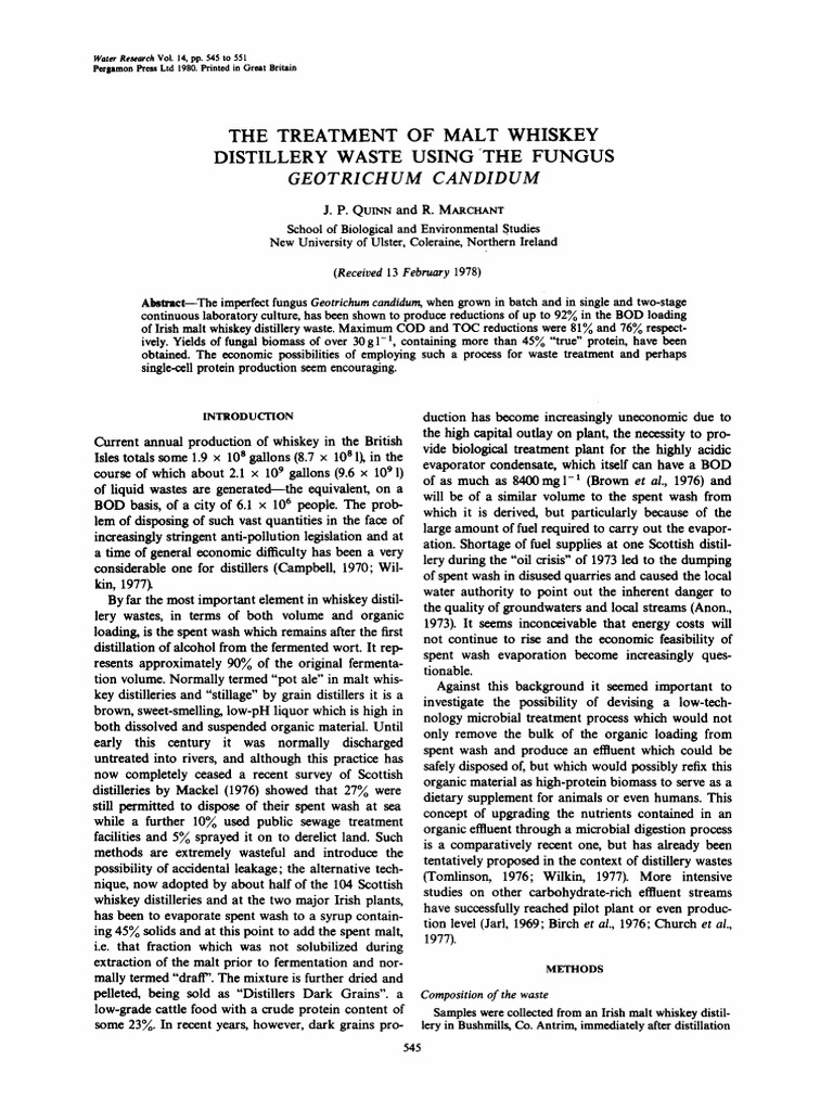 The Treatment of Malt Whiskey Distillery Waste Using The Fungus ...