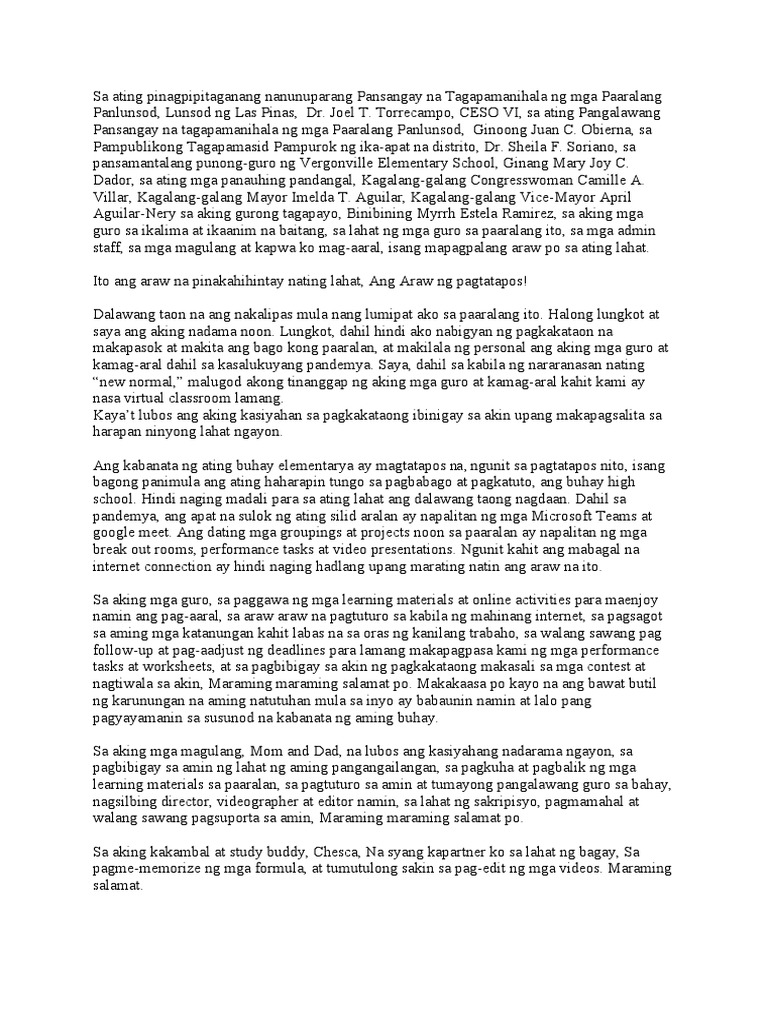 Talumpati Ng Pasasalamat Pdf
