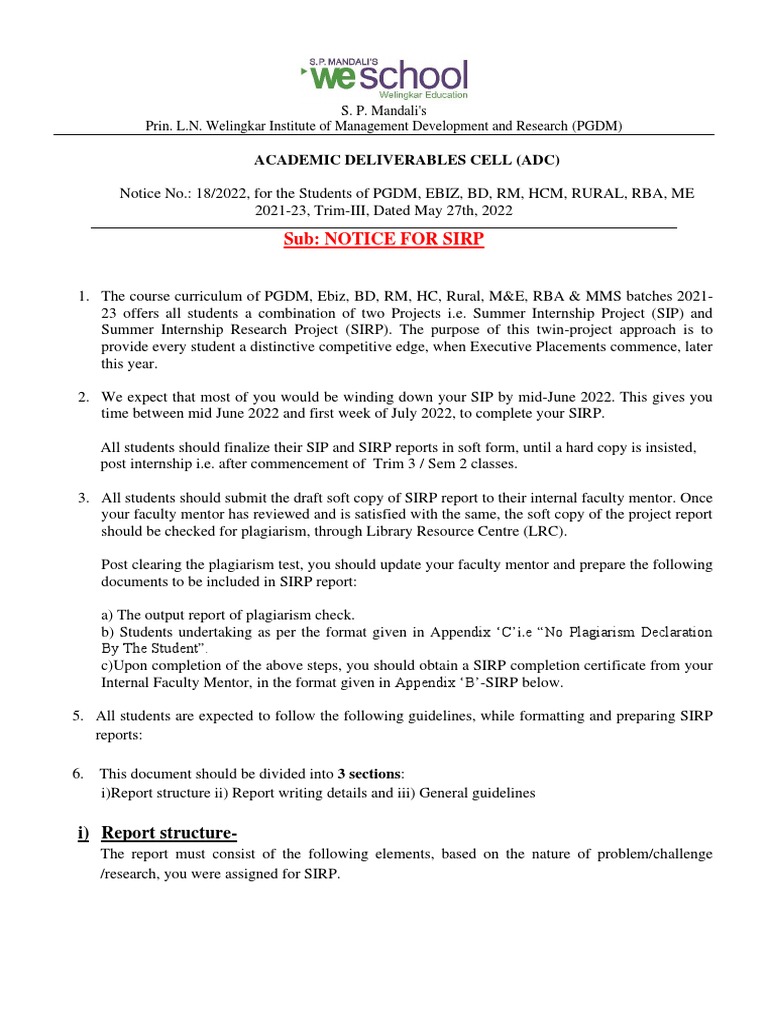 Sub: Notice For Sirp: Academic Deliverables Cell (Adc) | PDF | Apa ...