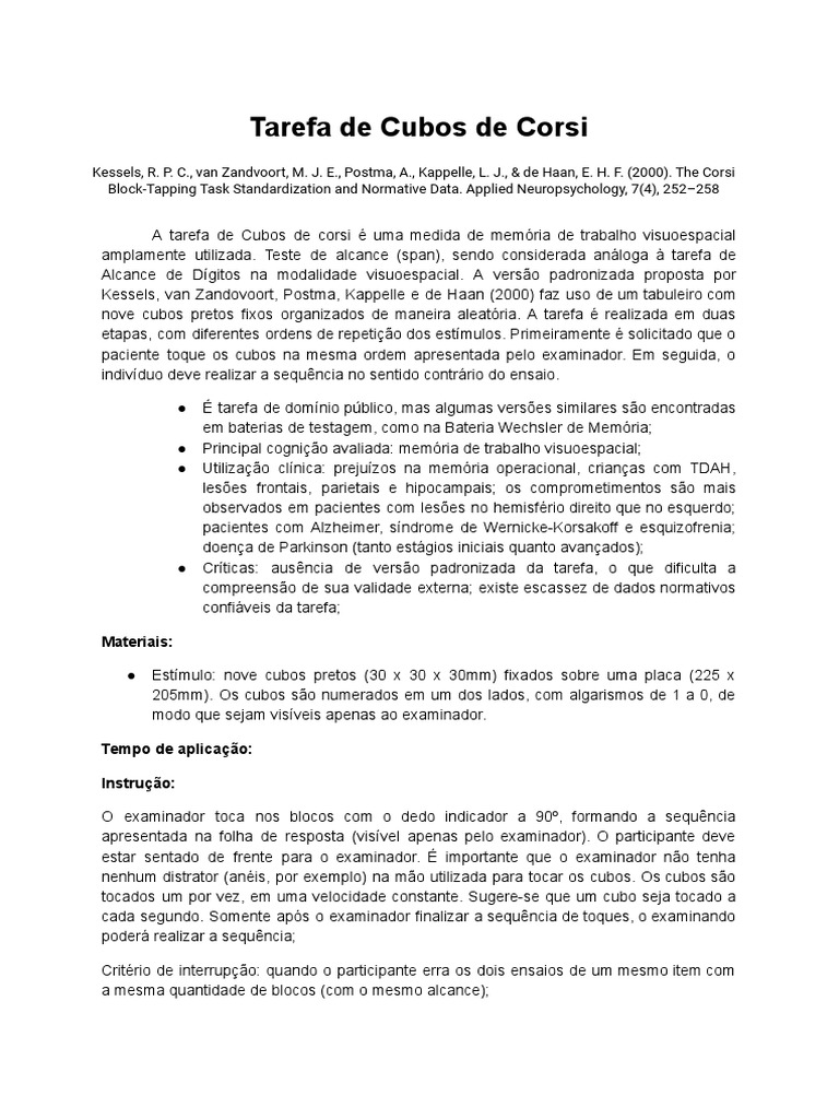 2.4. Tarefa de Cubos de Corsi | PDF | Neurociência | Ciência cognitiva
