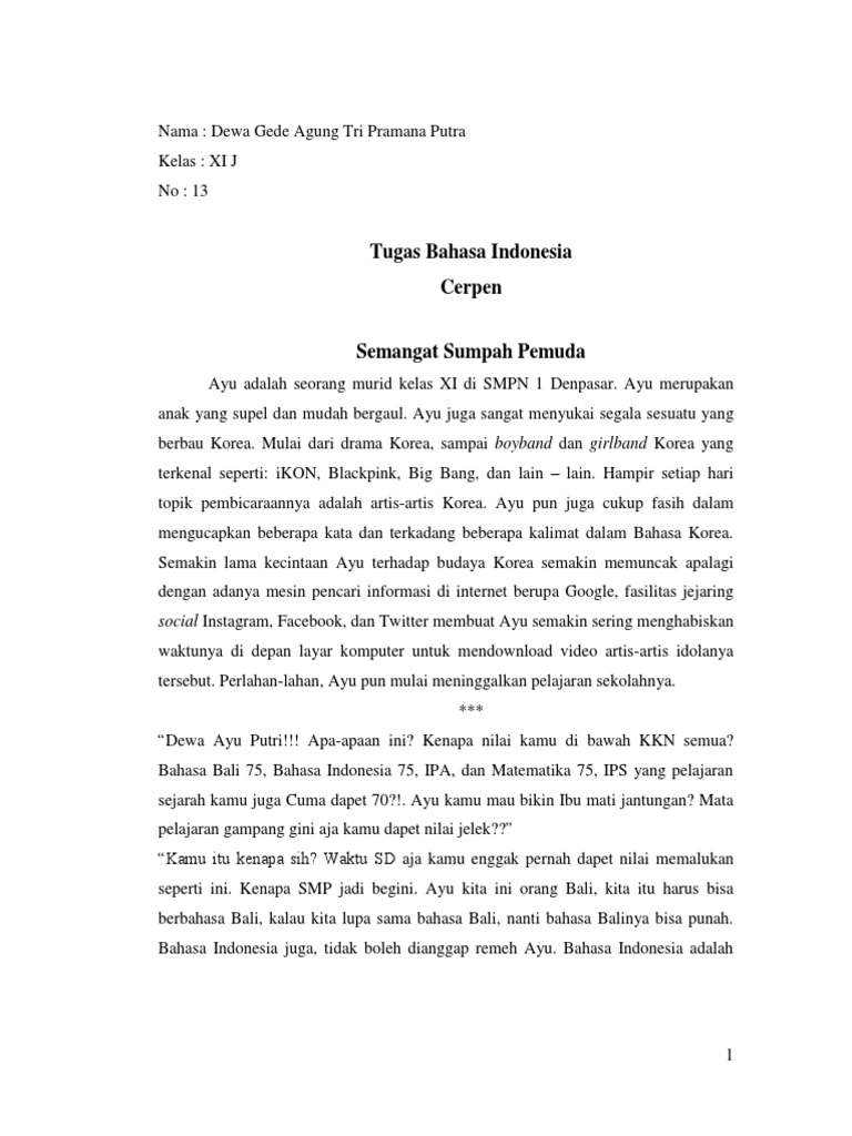 Tugas SMP - Cerpen Bahasa Indonesia | PDF