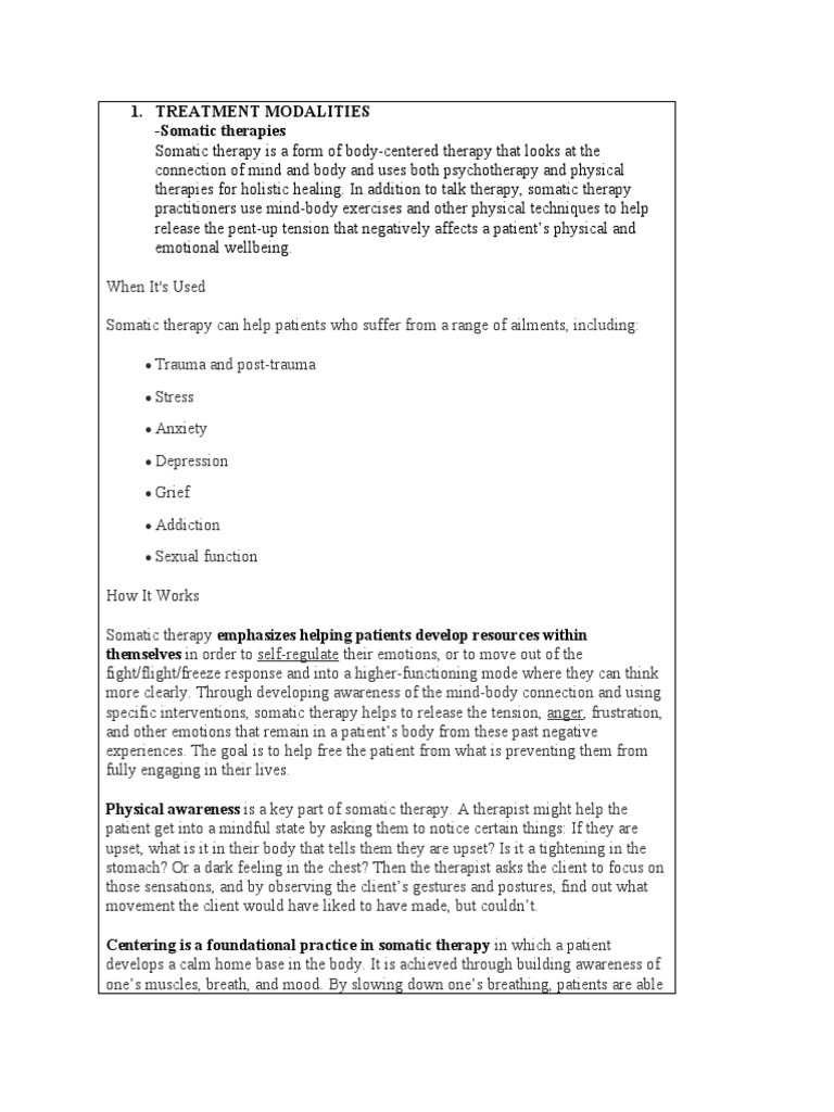Treatment Modalities - Somatic Therapies | PDF | Psychotherapy | Art ...