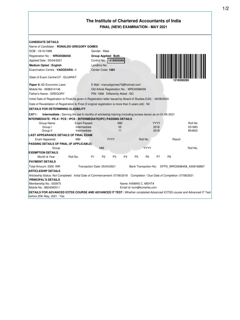 Exam Form PDF ICAI | PDF | Test (Assessment) | Government