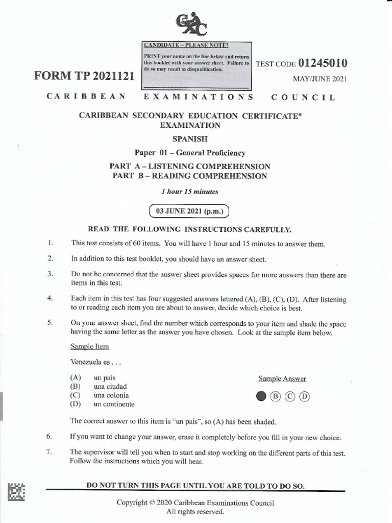 CSEC Spanish 2021 p1 (Student) | PDF