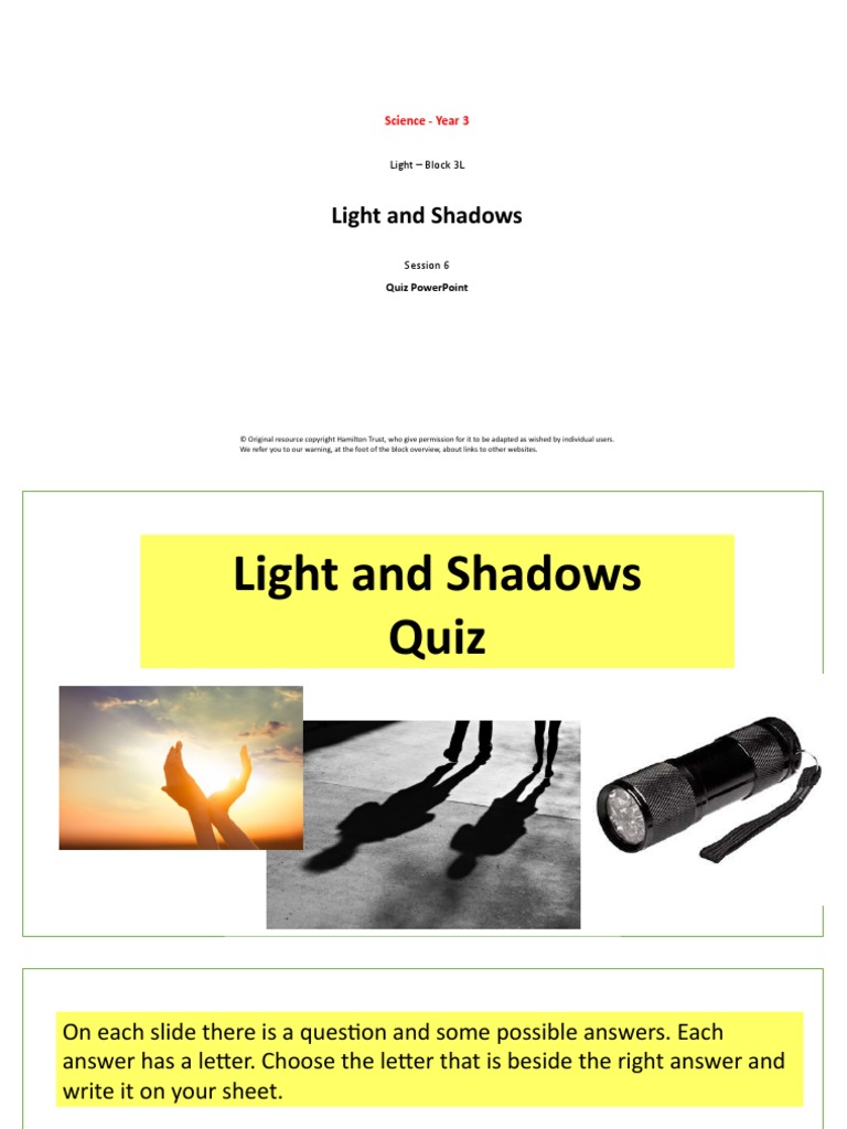 Light and Shadows: Science - Year 3 | PDF | Light | Shadow