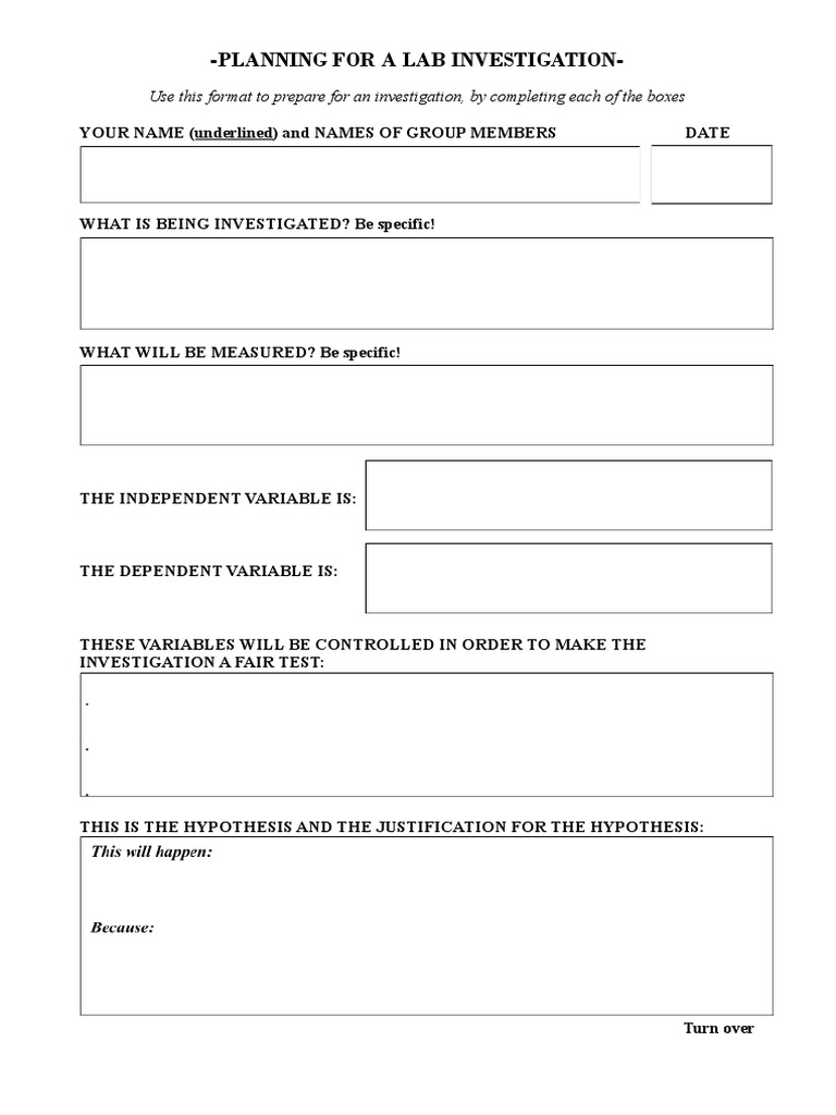 Planning For A Lab Investigation-: Use This Format To Prepare For An ...