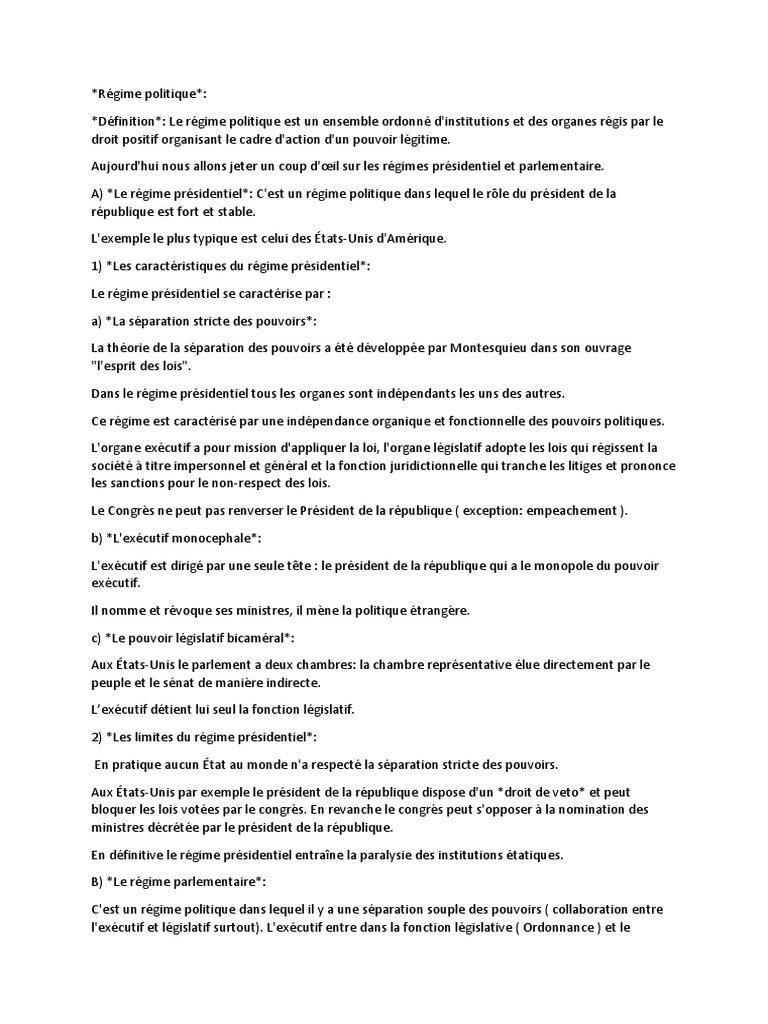 Régimes politiques : présidentiel vs parlementaire | PDF | Système ...