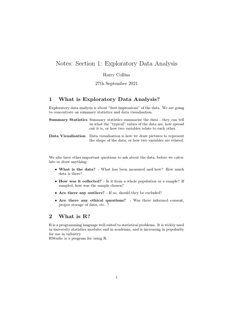 Notes: Section 1: Exploratory Data Analysis | PDF | Quartile | Data ...