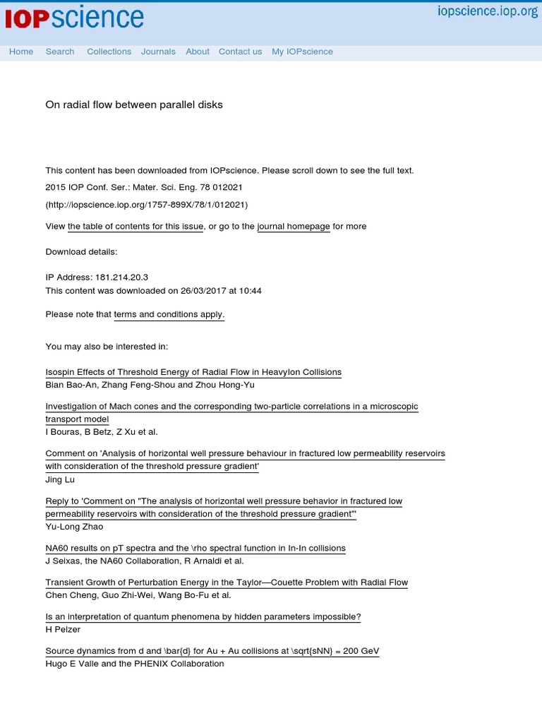 On Radial Flow Between Parallel Disks Pdf Fluid Dynamics Navierstokes Equations 