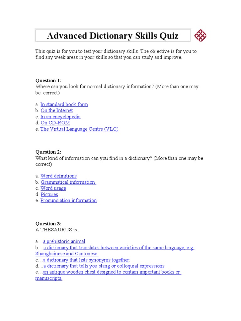 Advanced Dictionary Skills Quiz | PDF | Idiom | Dictionary