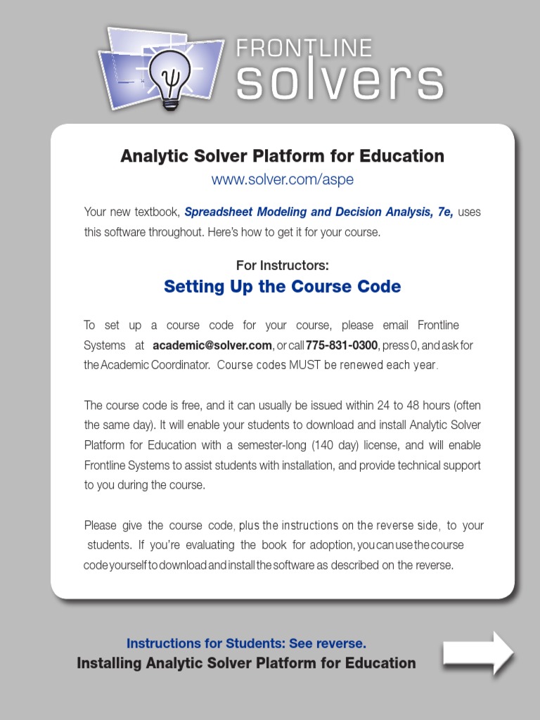 Analytic Solver Platform For Education: Setting Up The Course Code ...
