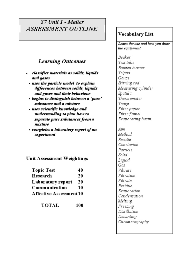 Y7 Matter Unit 1 Assessment Guide | PDF