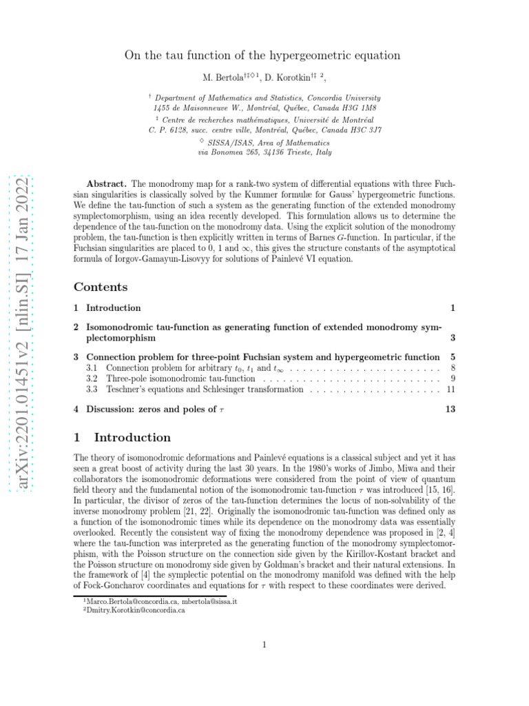 On The Tau Function of The Hypergeometric Equation | PDF | Topology ...