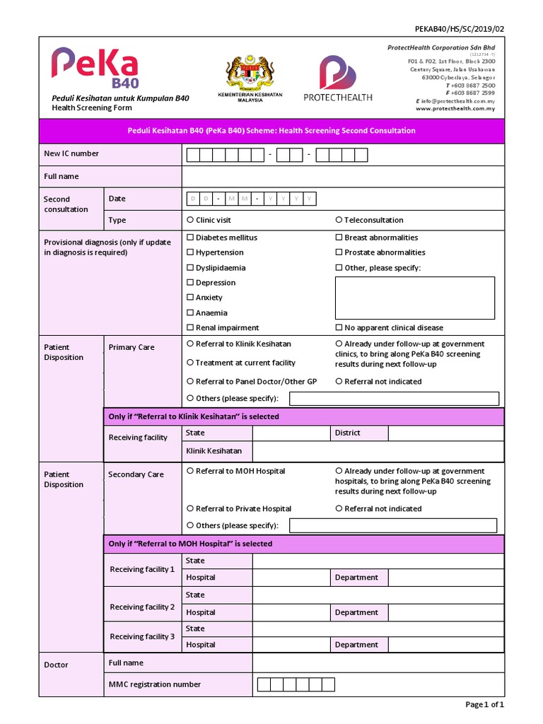 PeKa B40 Health Screening Form 4 - Second Consultation - 201902 | PDF | Screening (Medicine ...
