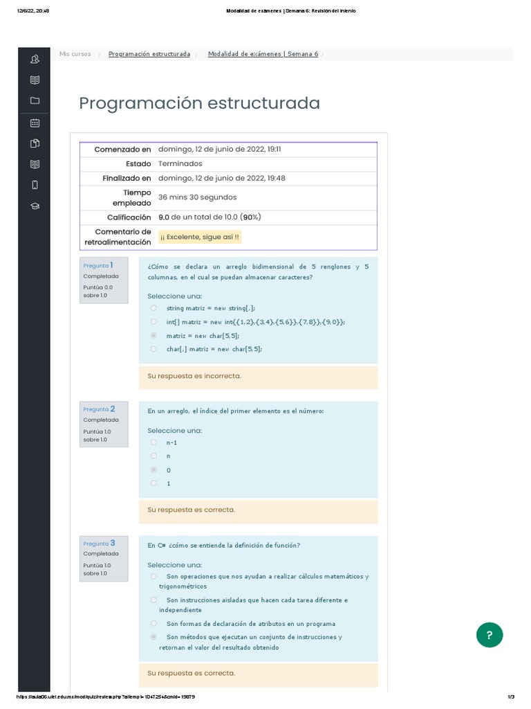 Modalidad de Exámenes - Semana 6 - Revisión Del Intento | PDF | Estructura de datos de matriz ...
