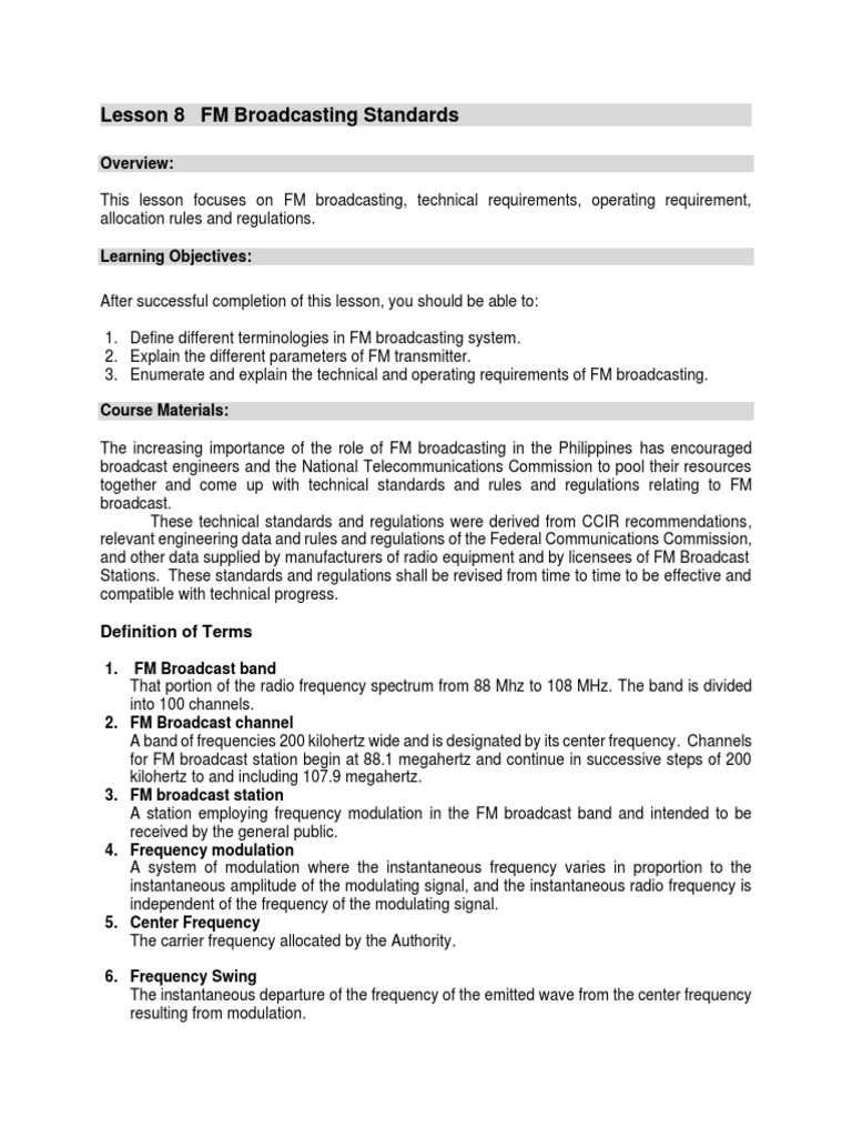 Lesson 8 - FM Broadcasting Standards | PDF | Frequency Modulation ...