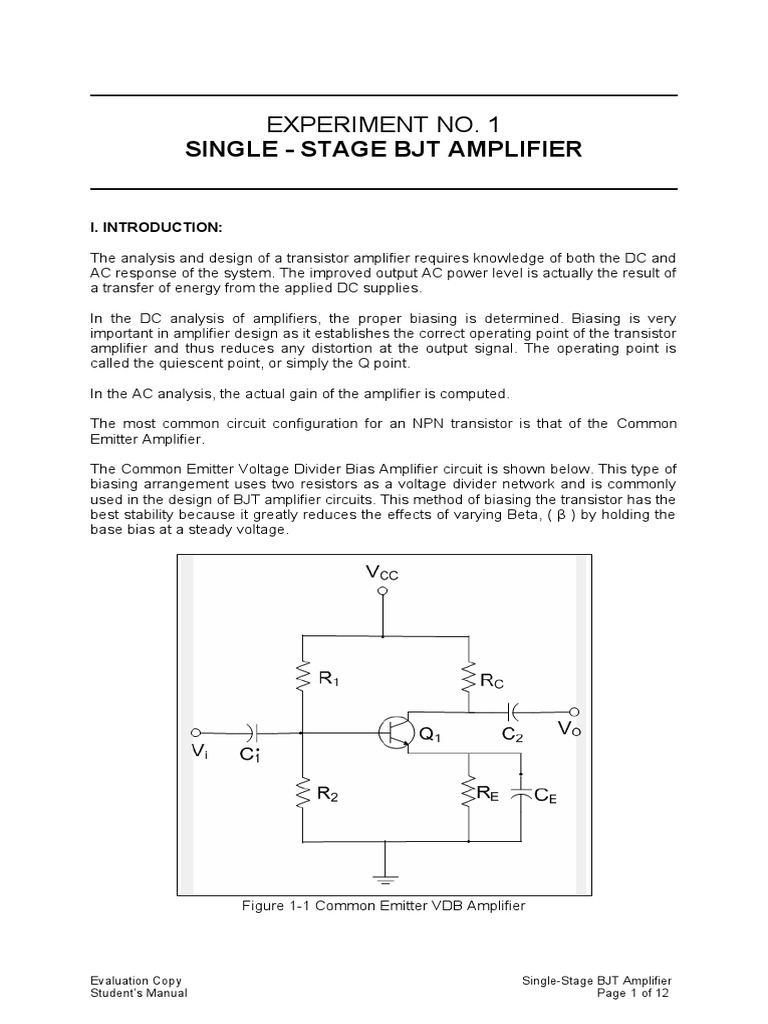 Single - Stage BJT Amplifier: Experiment No. 1 | PDF | Amplifier ...