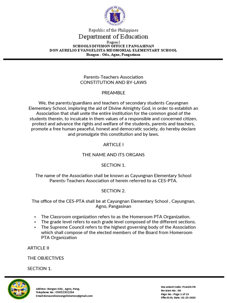 CES-PTA Constitution and By-Laws | PDF | Ratification | Presidents Of ...