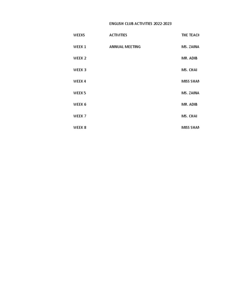 English Club Yearly Activities Plan | PDF