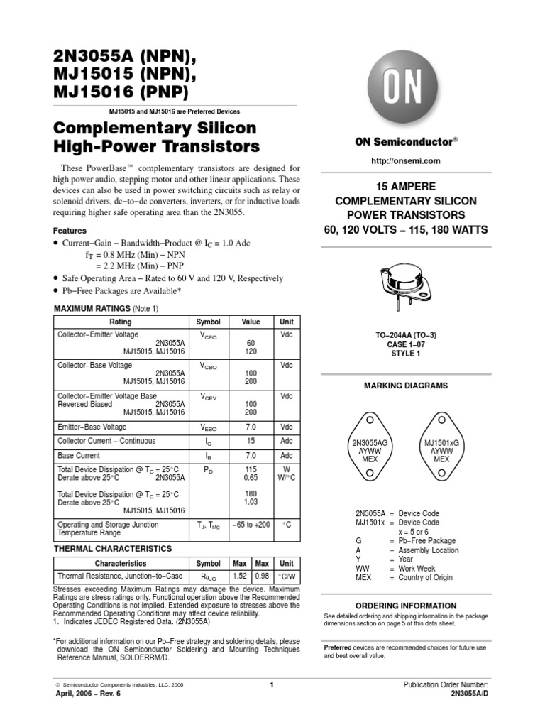 2N3055A (NPN), MJ15015 (NPN), MJ15016 (PNP) Complementary Silicon High ...