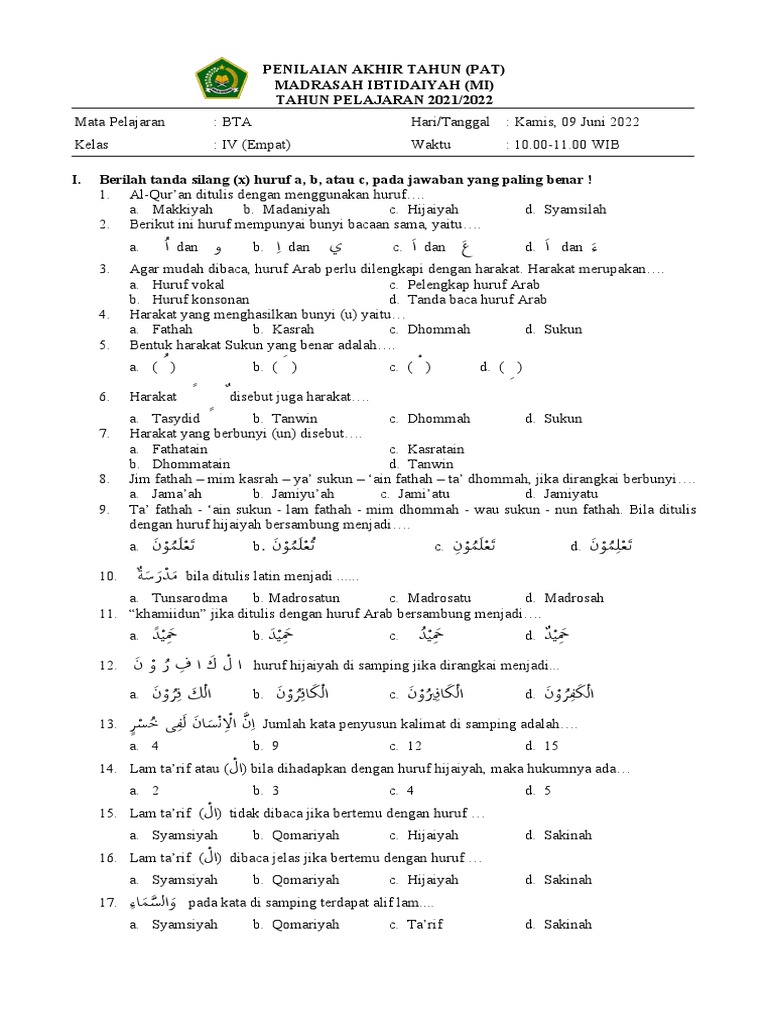 Soal Pat Bta Kelas 4 | PDF