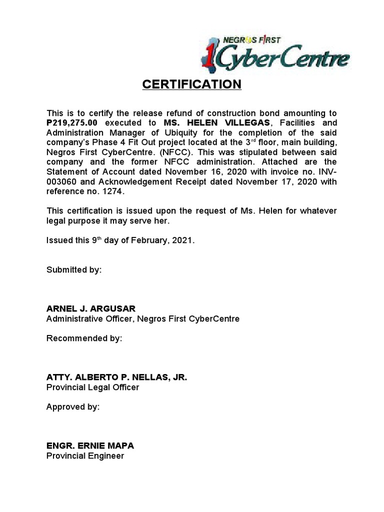 Certification: P219,275.00 Executed To MS. HELEN VILLEGAS, Facilities and | PDF | Home & Garden