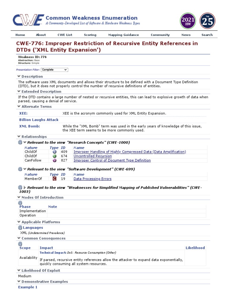Cwe-776: Improper Restriction of Recursive Entity References in Dtds ...