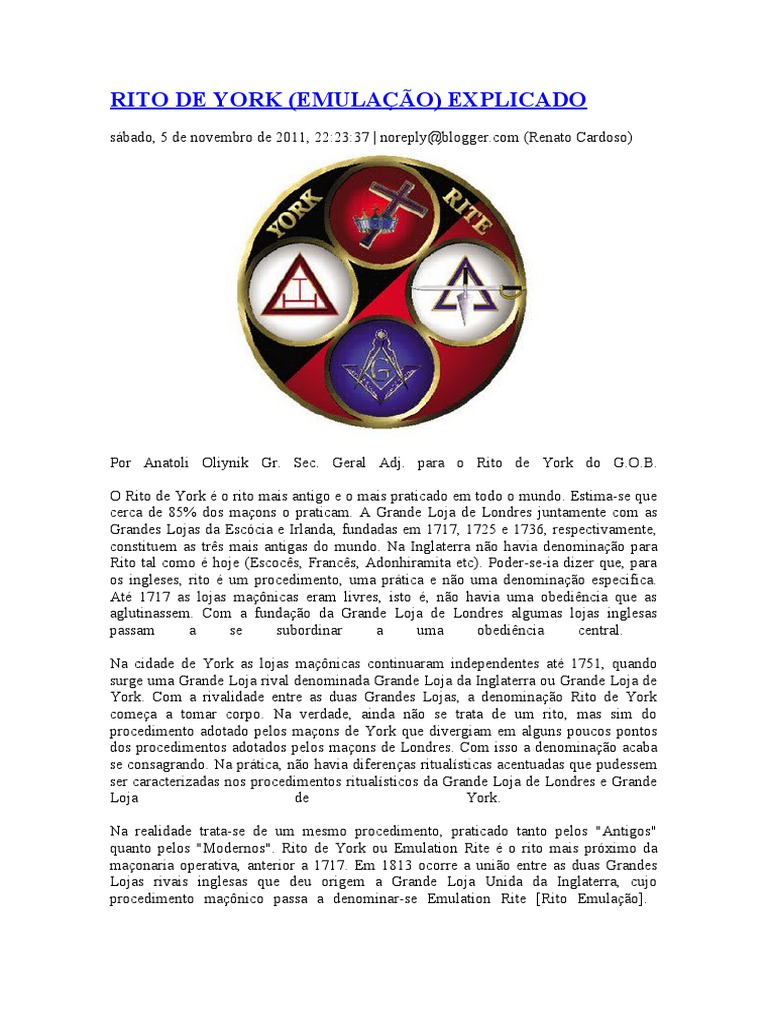 RITO DE YORK Explicado | PDF | Loja Maçônica | Maçonaria
