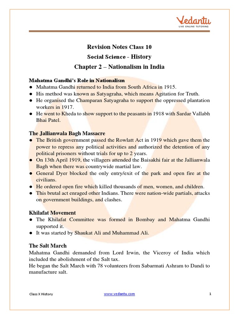 CBSE Class 10 History Chapter 2 Notes - Nationalism in India | PDF ...