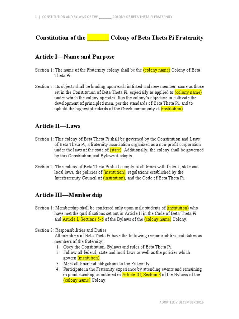 Constitution of The - Colony of Beta Theta Pi Fraternity Article I-Name ...
