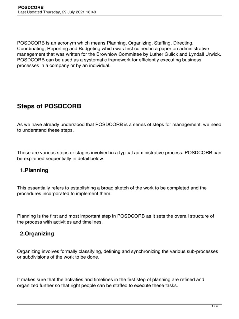 Steps of POSDCORB: 1.planning | Download Free PDF | Business | Leadership