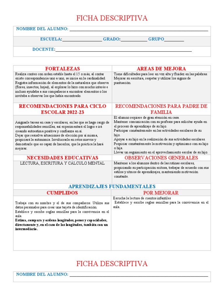 Ficha Descriptiva - Ejemplos | PDF | Comprensión lectora | Aprendizaje