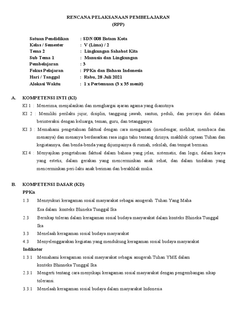 RPP PKN Kls 5 Tema 8 Subtema 1 PB 3 | PDF
