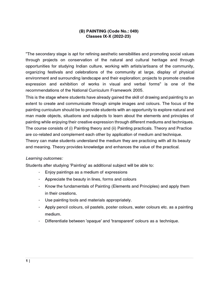 (B) PAINTING (Code No.: 049) Classes IX-X (2022-23) : Learning Outcomes ...