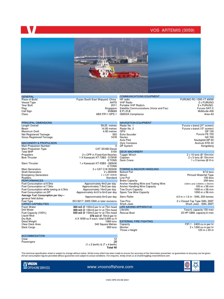 AHTS Vessel Specifications - VOS Artemis | PDF | Tonnage | Ships