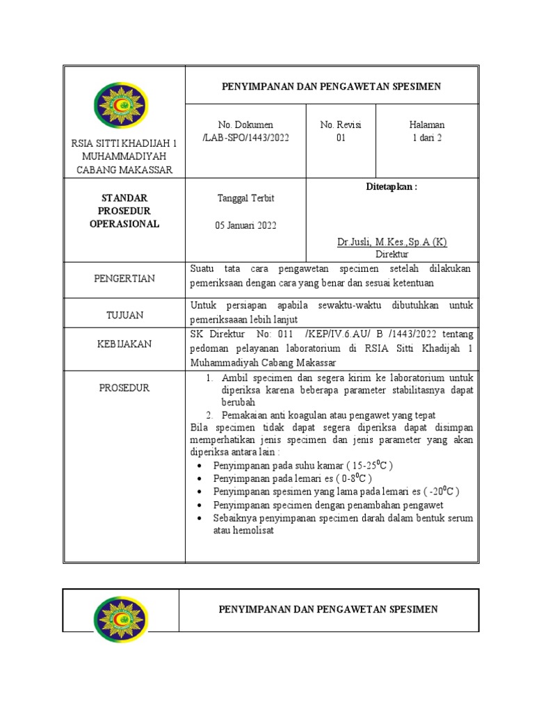 Spo Penyimpanan Dan Pengawetan Spesimen | PDF