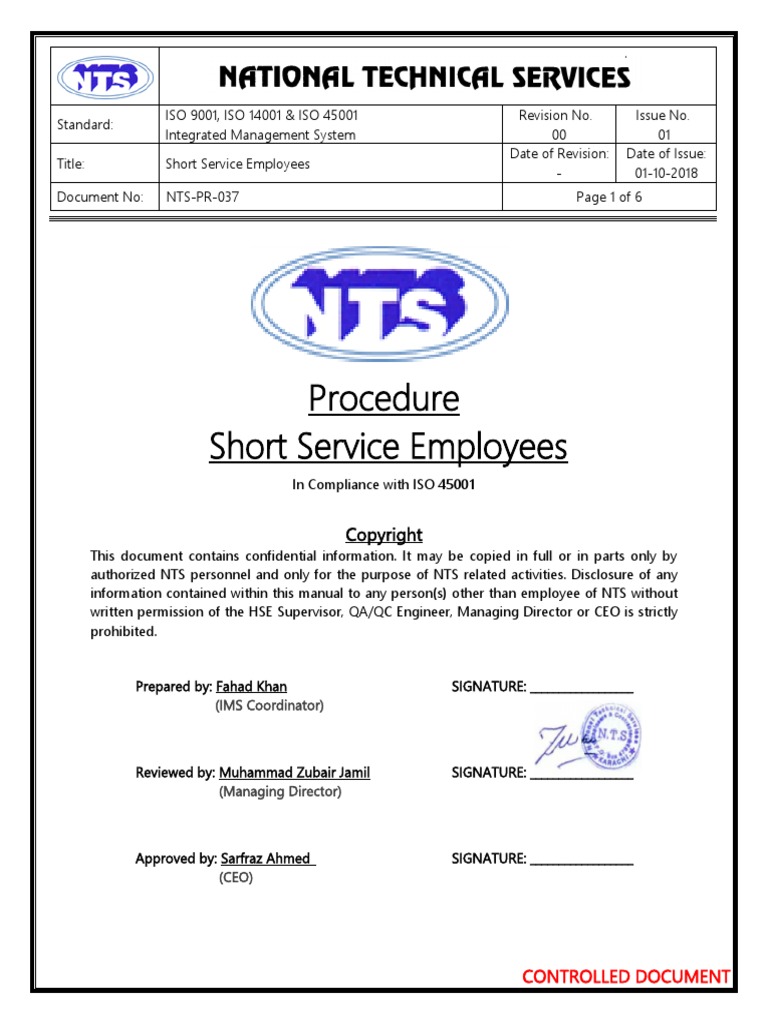 Short Service Employees Procedure | PDF | Iso 9000 | Safety