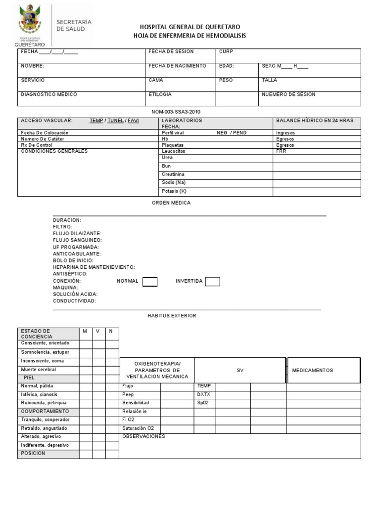 Hojas de enfermería para hemodiálisis: Monitoreo y cuidado del paciente ...