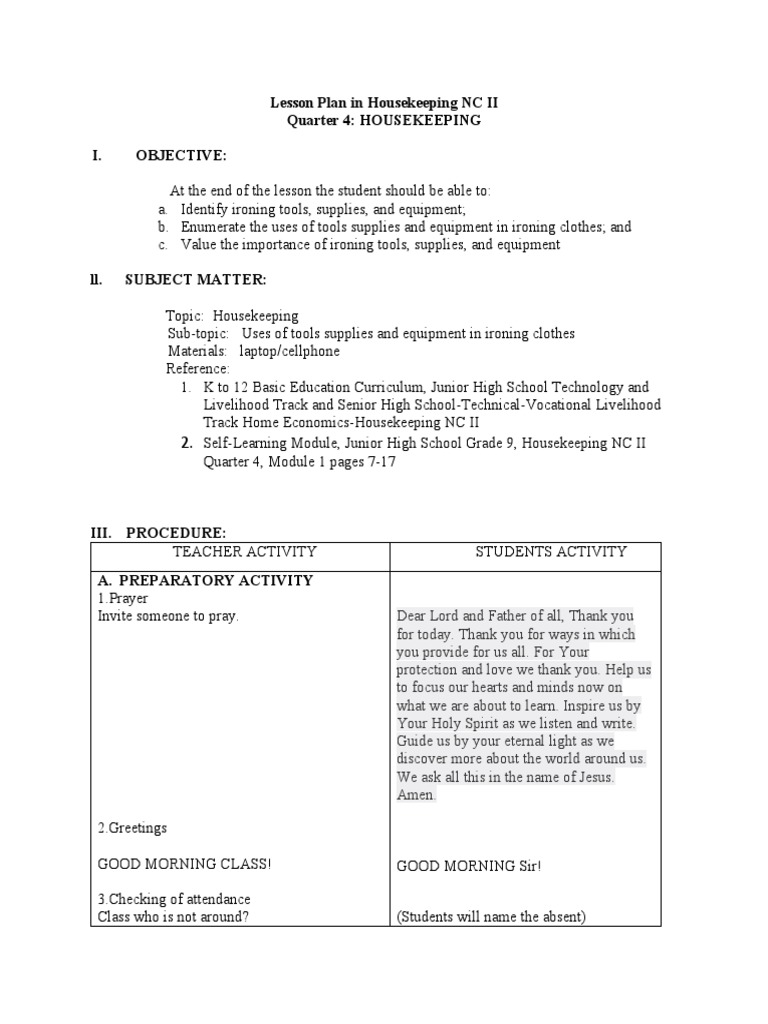 Lesson Plan Housekeeping Module 1 | PDF | Clothing | Textiles