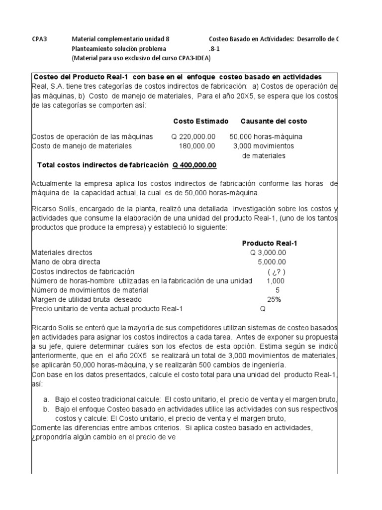 Plantilla para La Solucin de Los Problemas 8-1 y 8-2 Costeo Basado en ... Plantilla para La Solucin de Los Problemas 8-1 y 8-2 Costeo Basado en ...