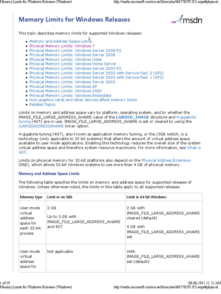 Memory Limits For Windows Releases (Windows) | PDF | 64 Bit Computing ...