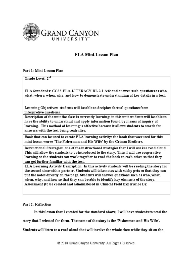 Pinkston ELM-580-T4-Clinical Field Experience C ELA Mini Lesson Plan | PDF | Mentorship ...