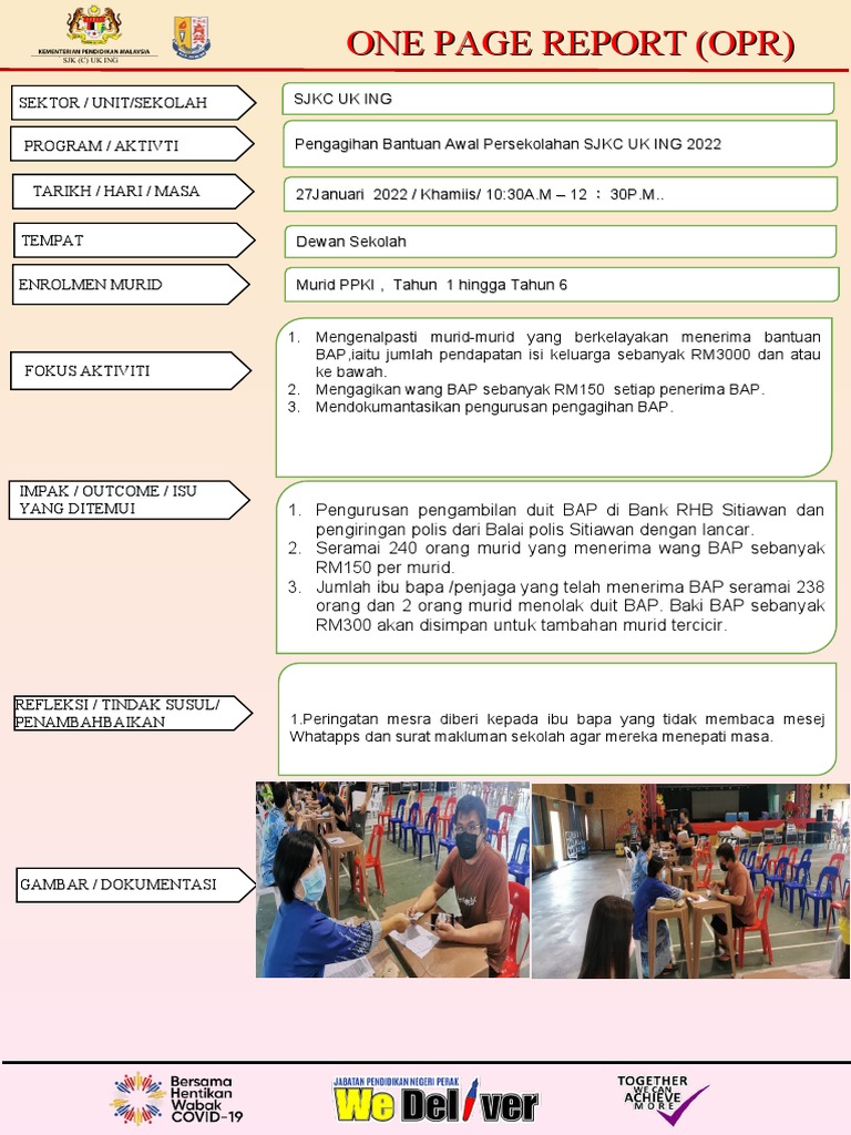 Laporan One Page Report Pengagihan Bantuan Awal Persekolahan 2022 | PDF